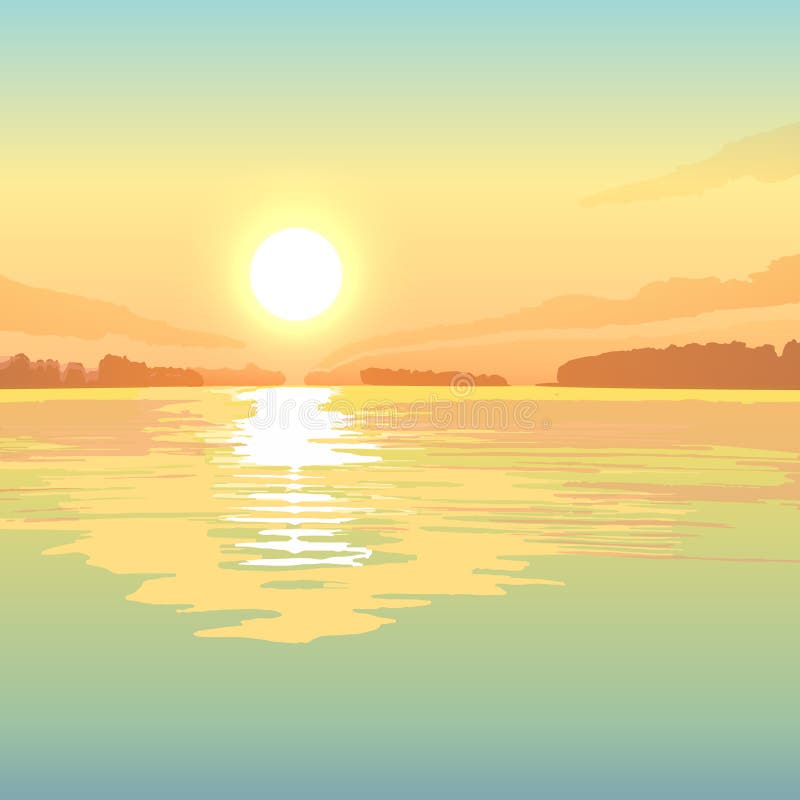 Sunset on the Lake, Vector Landscape Background Stock Vector ...