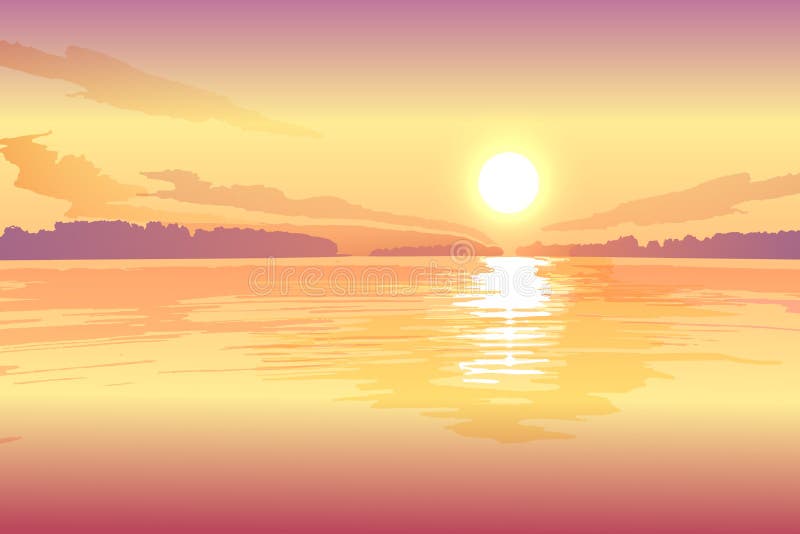 Sunset on the Lake, Vector Landscape Background Stock Vector ...