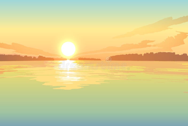 Sunset on the Lake, Vector Landscape Background Stock Vector ...