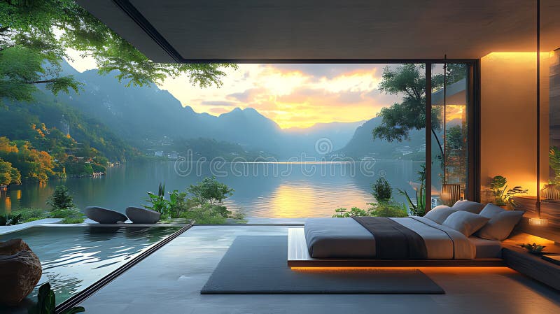 Sunset Lake View Luxury Bedroom, Modern Minimalist Design Stock ...