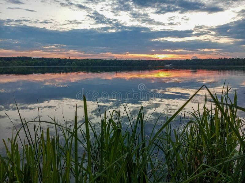 Sunset on the Lake, Water Mirror Stock Image - Image of water, evening ...