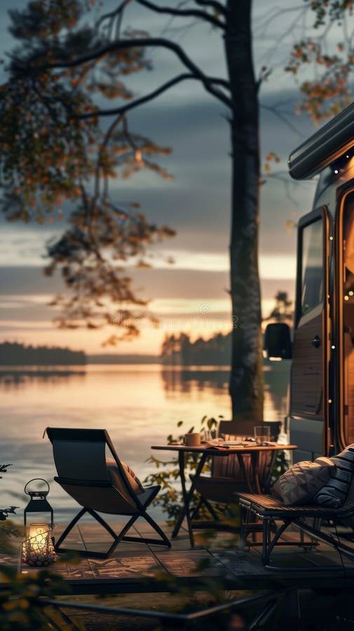 Sunset Lakeside Camping Setup with Cozy Seating and Lantern, Relaxation ...