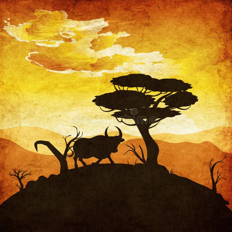 Sunset Landscape and Bull Silhouette Textured Stock Illustration ...