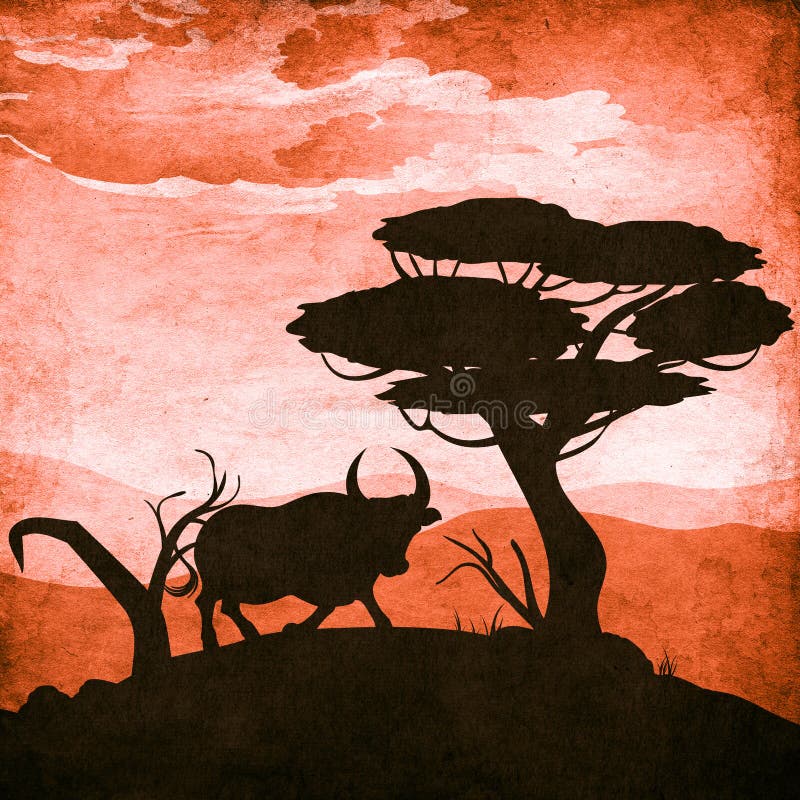 Sunset Landscape and Bull Silhouette Textured Stock Illustration ...
