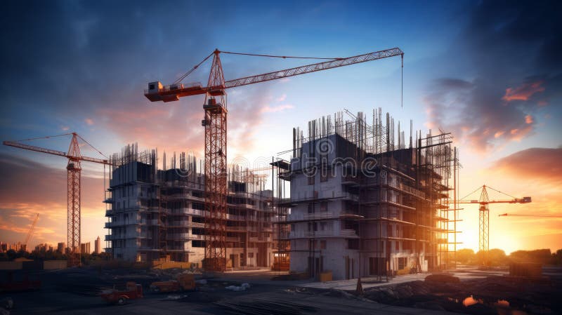 Sunset Landscape with Construction Cranes and Buildings in Progress ...