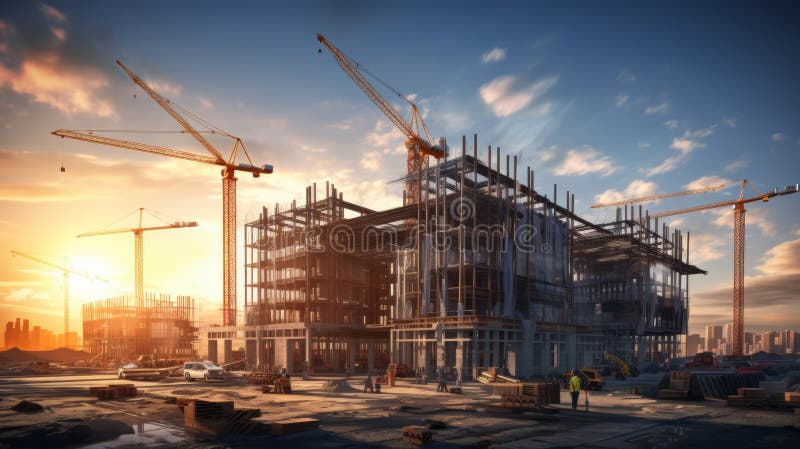 Sunset Landscape with Construction Cranes and Buildings in Progress ...