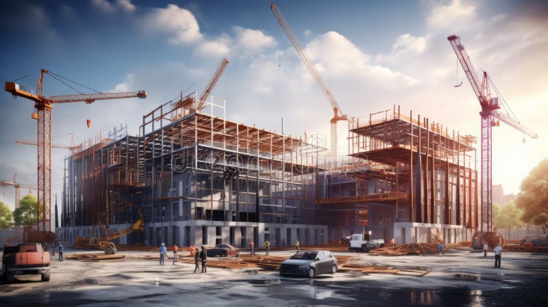 Sunset Landscape with Construction Cranes and Buildings in Progress ...