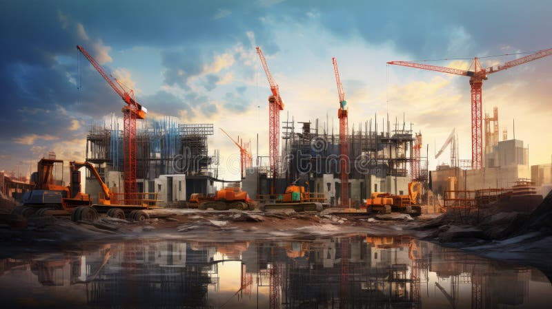 Sunset Landscape with Construction Cranes and Buildings in Progress ...