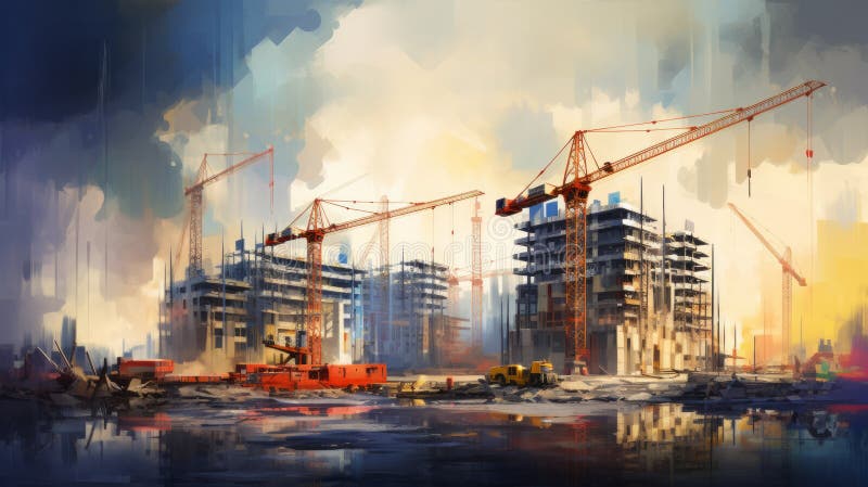 Sunset Landscape with Construction Cranes and Buildings in Progress ...