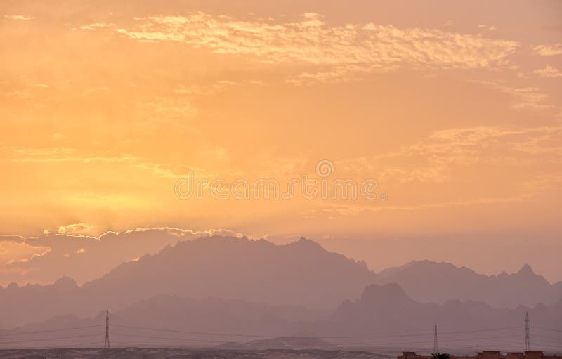 Sunset Landscape with Dark Mountain Peaks in Egyptian Desert Stock ...