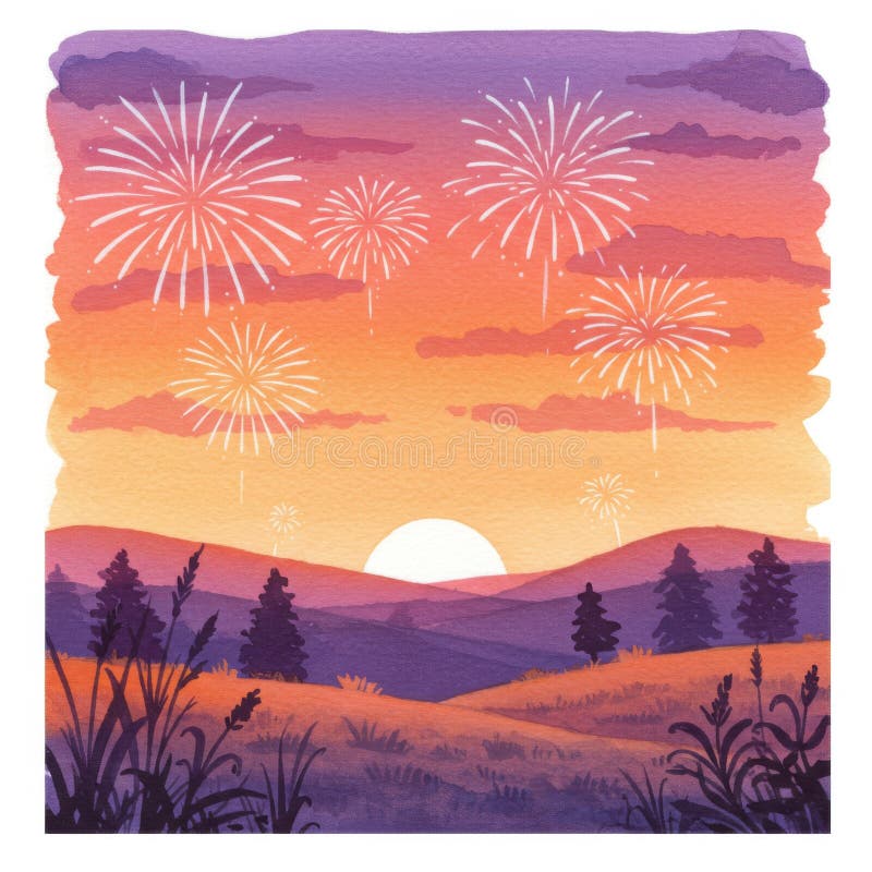 Sunset Landscape with Fireworks Display Stock Illustration ...