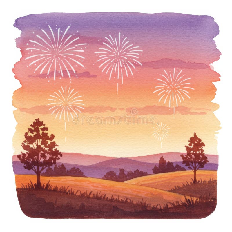 Sunset Landscape with Fireworks and Silhouetted Trees Stock Photo ...