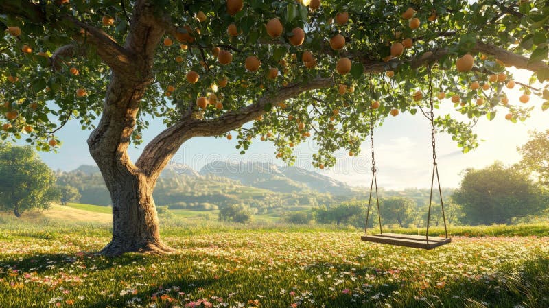 Sunset Landscape with Fruit Tree and Swing Stock Illustration ...