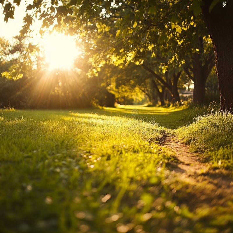 Sunset Landscape: Golden Path through Summer Trees Stock Illustration ...