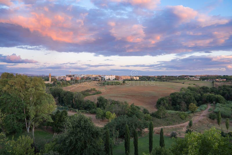 Sunset Landscape with Pink Clouds and Old Castle in Rome, Italy Stock ...