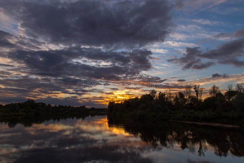 Sunset Landscape. Reflection on River Sky and Clouds Stock Photo ...
