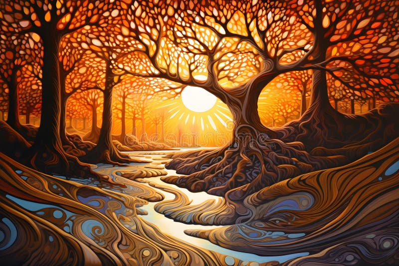 Sunset Landscape with Tree by the River. Surreal Stock Illustration ...