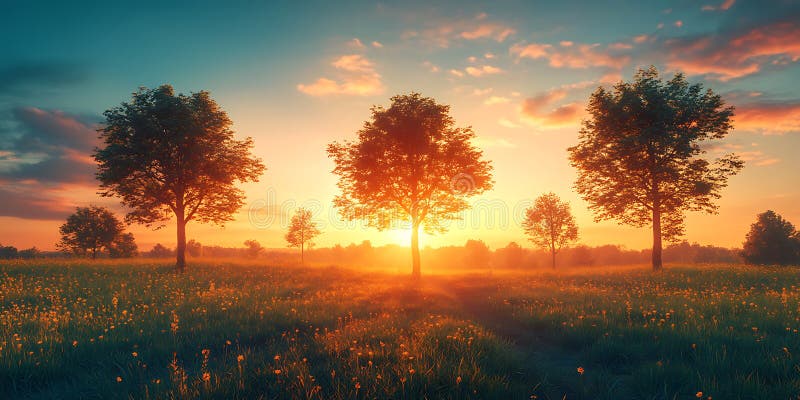 Sunset Landscape Trees Field Golden Hour Stock Illustration ...