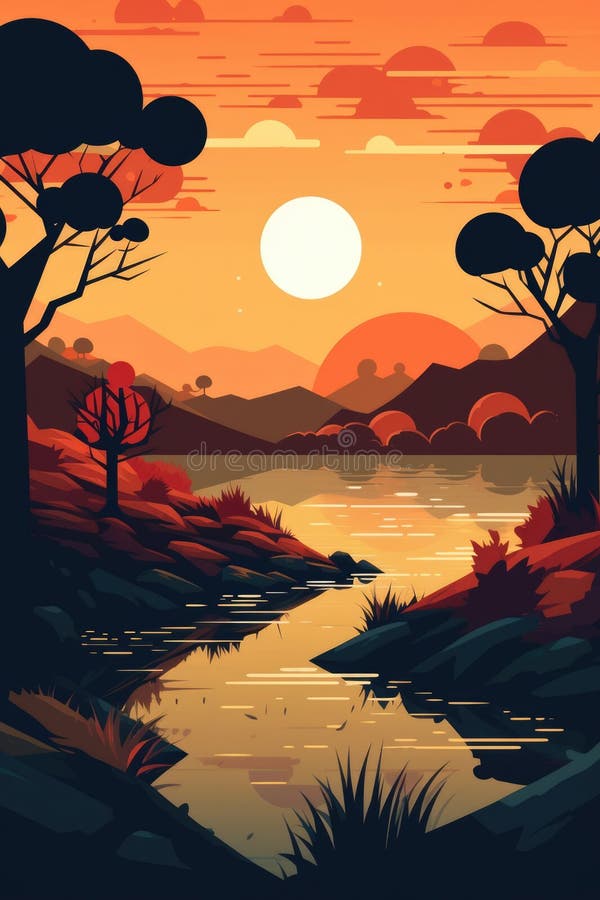 Sunset Landscape with Trees, Mountains and Lake Created Using ...
