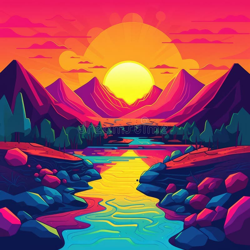 Sunset Landscape with Trees, Mountains and River Created Using ...