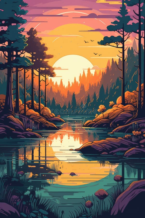 Sunset Landscape with Trees, Mountains and River Created Using ...