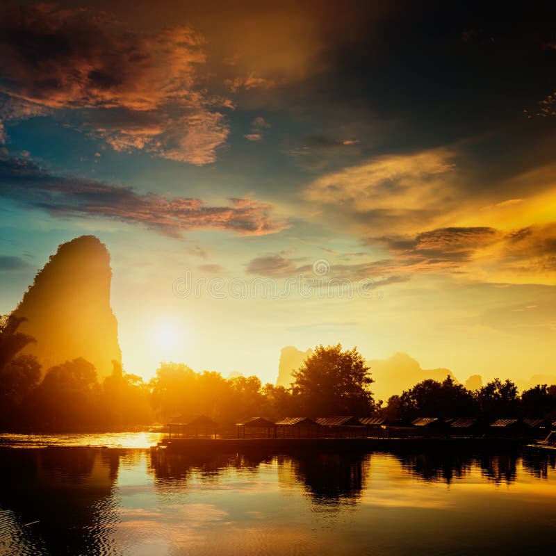 Sunset Landscpae of Yangshuo Stock Photo - Image of landscape, rock ...