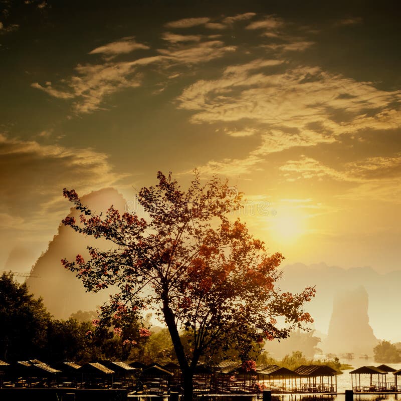 Sunset Landscpae of Yangshuo Stock Image - Image of rock, scenery: 31681627