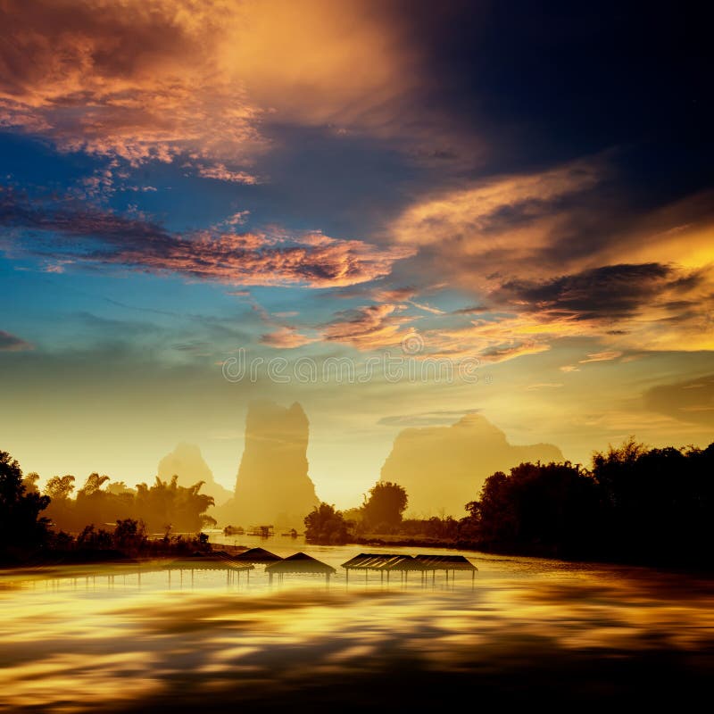 Sunset Landscpae of Yangshuo Stock Image - Image of scenery, calm: 31681631