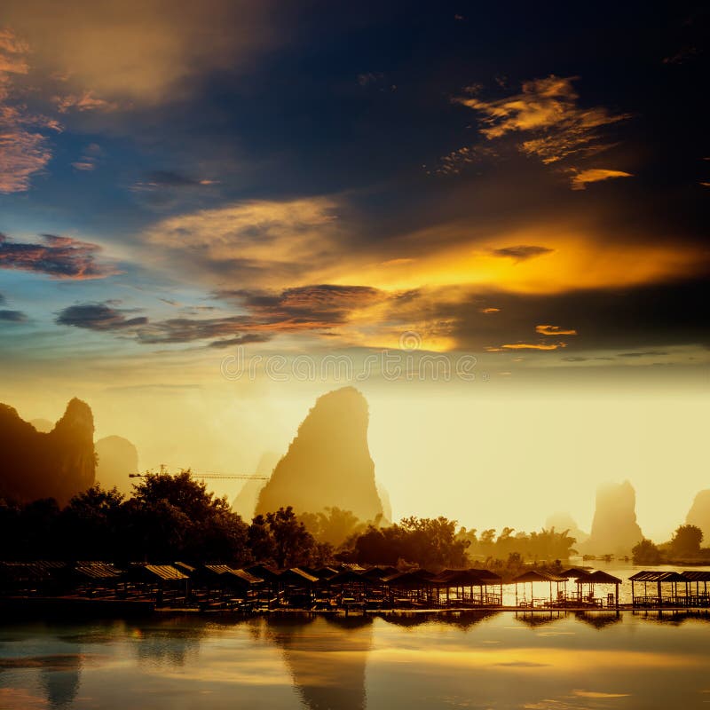 Sunset Landscpae of Yangshuo Stock Image - Image of cruise, mountain ...