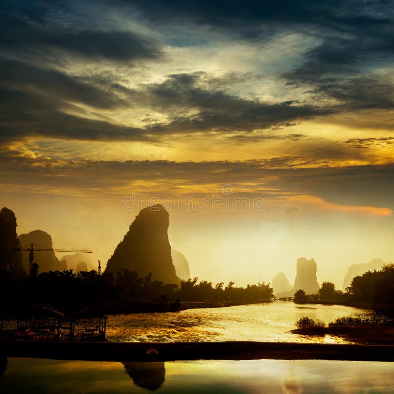 Sunset Landscpae of Yangshuo Stock Image - Image of karst, rustic: 31681855