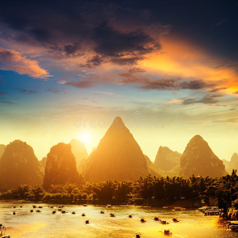 Sunset Landscpae of Yangshuo Stock Photo - Image of river, paradise ...