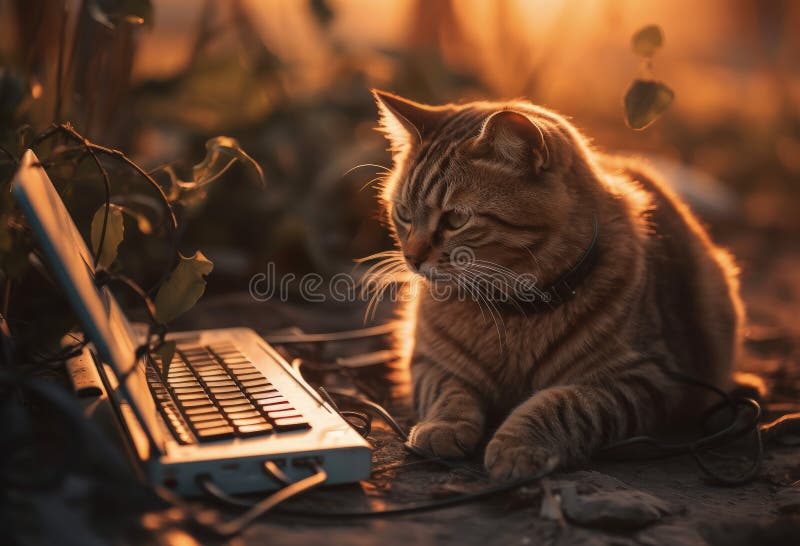 Sunset Laptop User: a Cat S Perspective. Stock Illustration ...