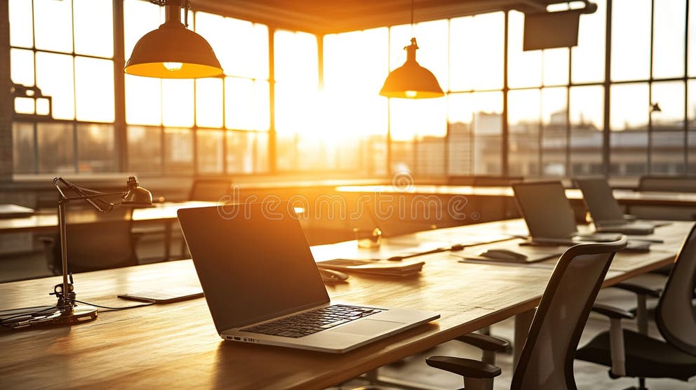 Sunset Laptop Workspace Office Sunlight Desk Stock Image - Image of ...