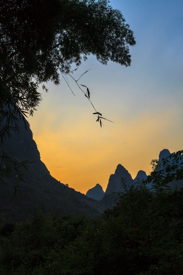 Sunset at the Li River Mountains in China Stock Image - Image of guilin ...