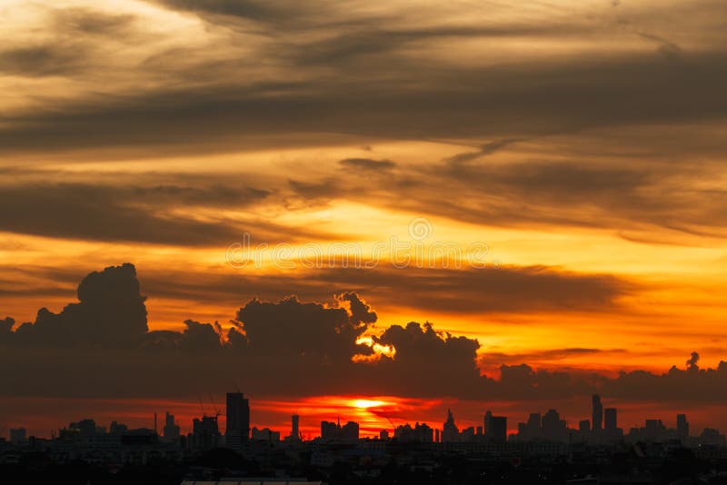 Sunset Light at City with Building Silhouette Stock Photo - Image of ...