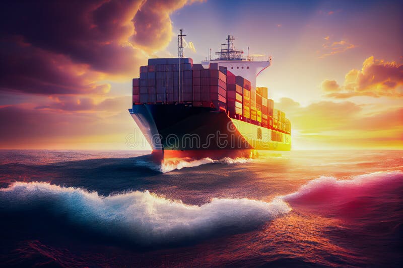 Sunset Light, Container Cargo Ship Over the Ocean, Generative AI ...