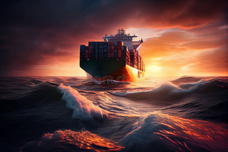 Sunset Light, Container Cargo Ship Over the Ocean, Generative AI ...