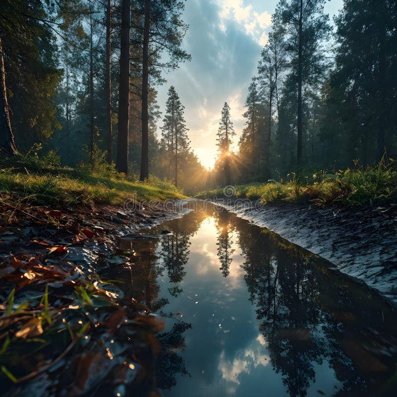 Sunset Light in the Forest: Reflections of Trees in the Water Along the ...