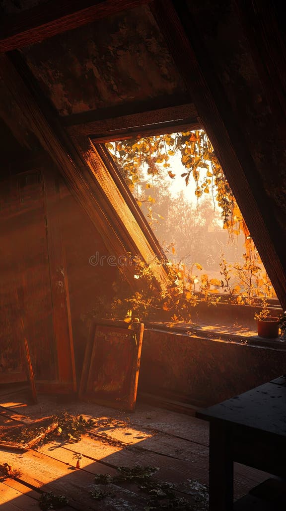 Sunset Light Glowing through Dusty Attic Window. Stock Illustration ...