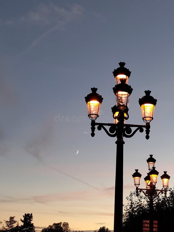 Sunset with Light Posts and Trees Stock Photo - Image of sunlight ...