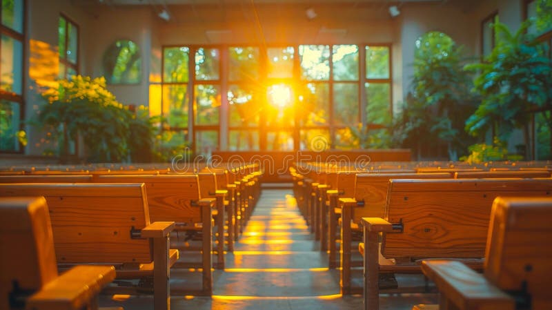 Sunset Light Streaming through the Windows of a Peaceful Classroom ...