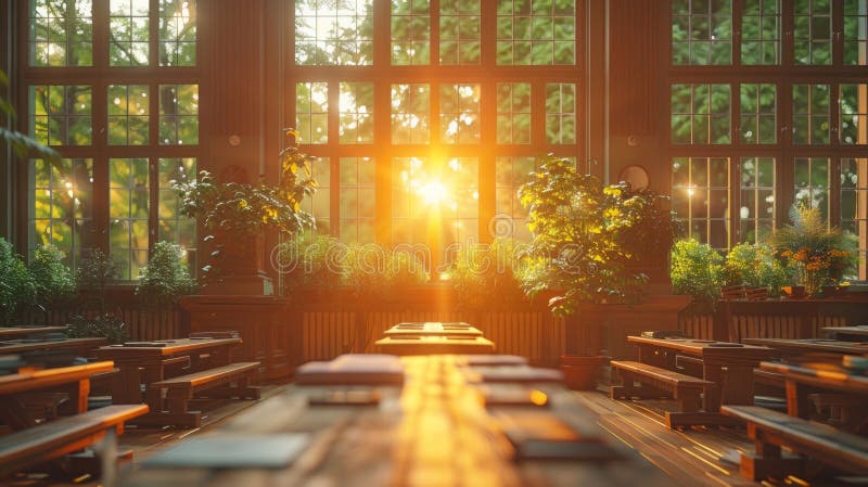 Sunset Light Streaming through the Windows of a Peaceful Classroom ...