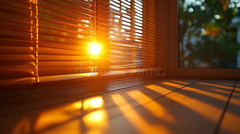 Sunset Light through Window Blinds, Wooden Floor, Home Interior ...