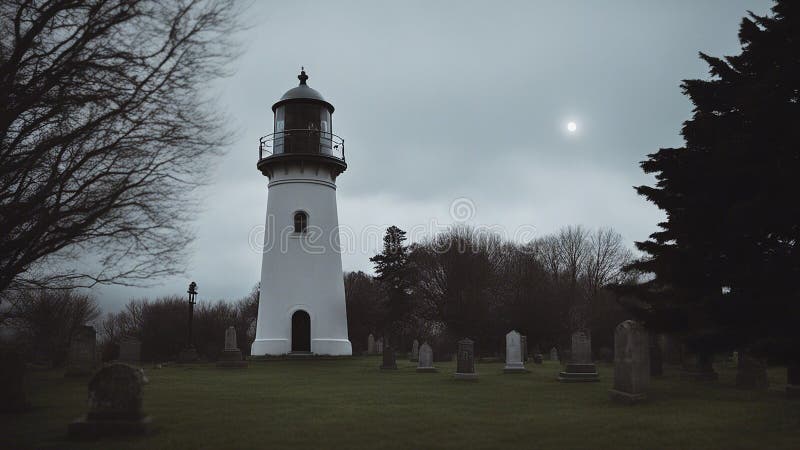 At Sunset a Lighthouse in a Haunted Cemetery, Where a Ghost is Floating ...