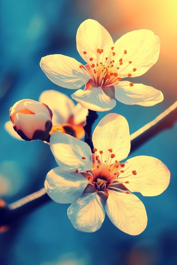 Sunset Lighting Highlights a Spring Branch Adorned with Tiny White ...