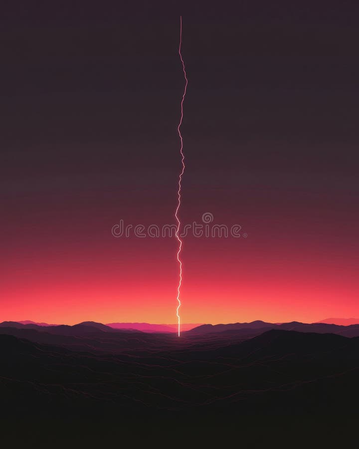 During a Sunset, Lightning is Depicted Against a Line Art Illustration ...