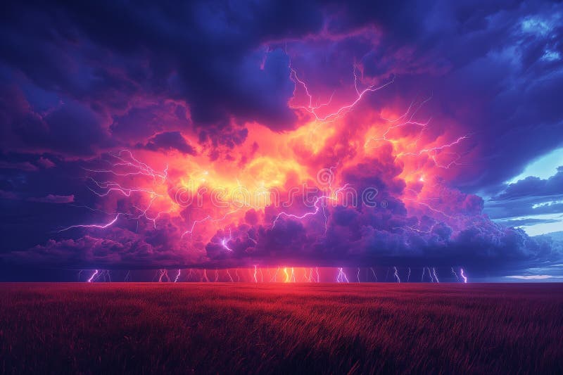 A Sunset with Lightning and Rain Clouds Over a Field of Wheat Stock ...