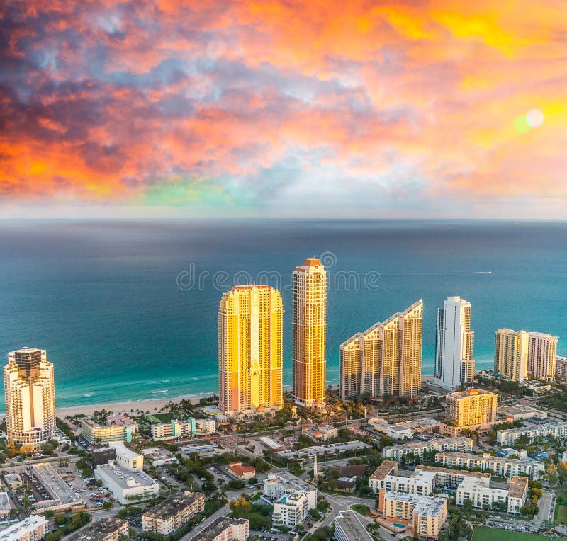 Sunset Lights Over Miami Beach Buildings, Helicopter View Stock Image ...