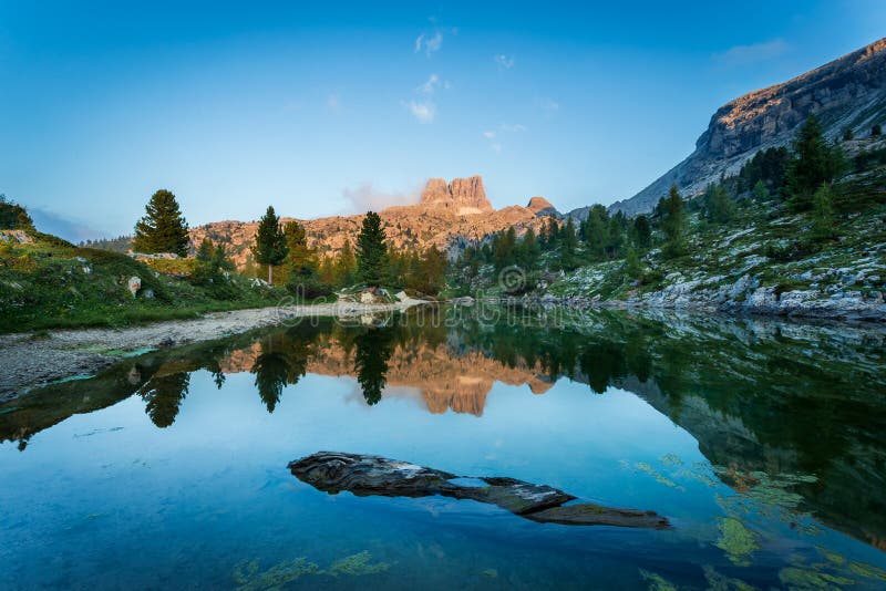 Sunset at Limides Lake, Italian Dolomites Stock Photo - Image of ...