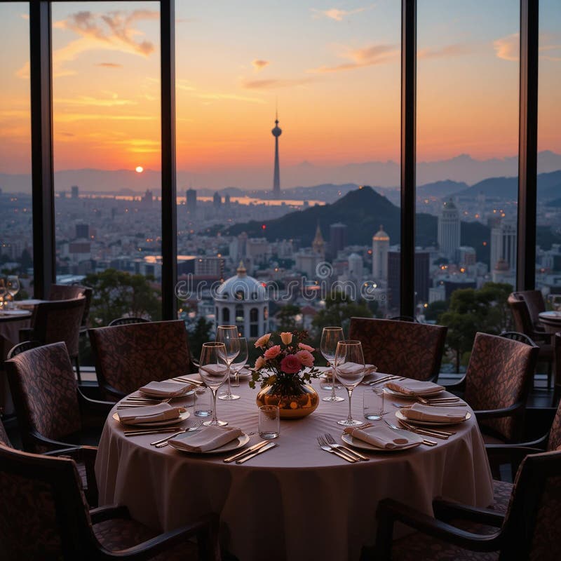 Sunset-lit Dining Space with a Panoramic City View, Elegant Dinnerware ...